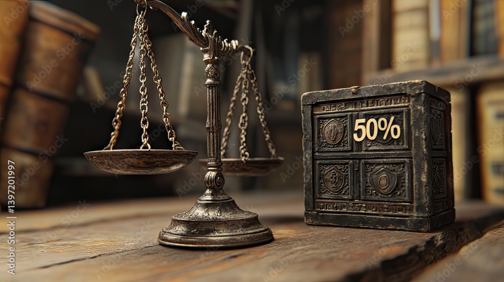 An old-fashioned balance scale tipping under the weight of a tariff ...