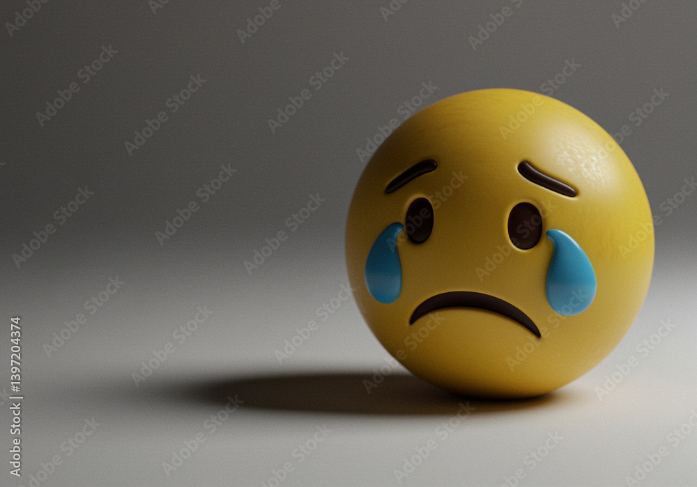 Sad yellow emoji with teardrops expressing negative emotion on gray ...