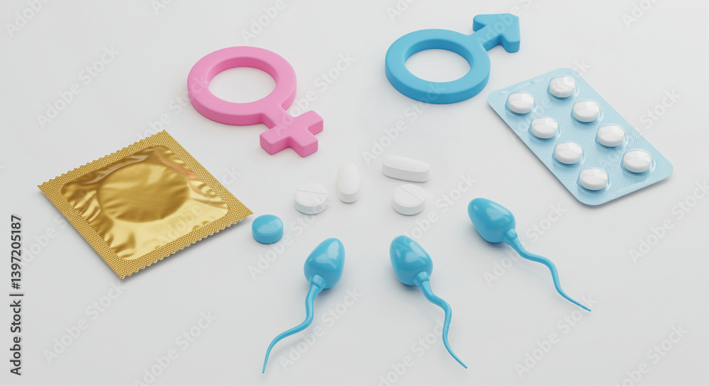 Contraceptive Symbols and Sperm with Birth Control Pills and Condom ...