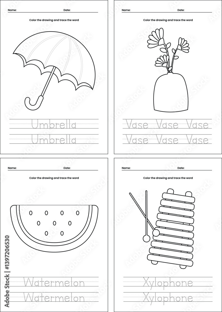 Printable worksheet for kids to color objects and trace their names ...