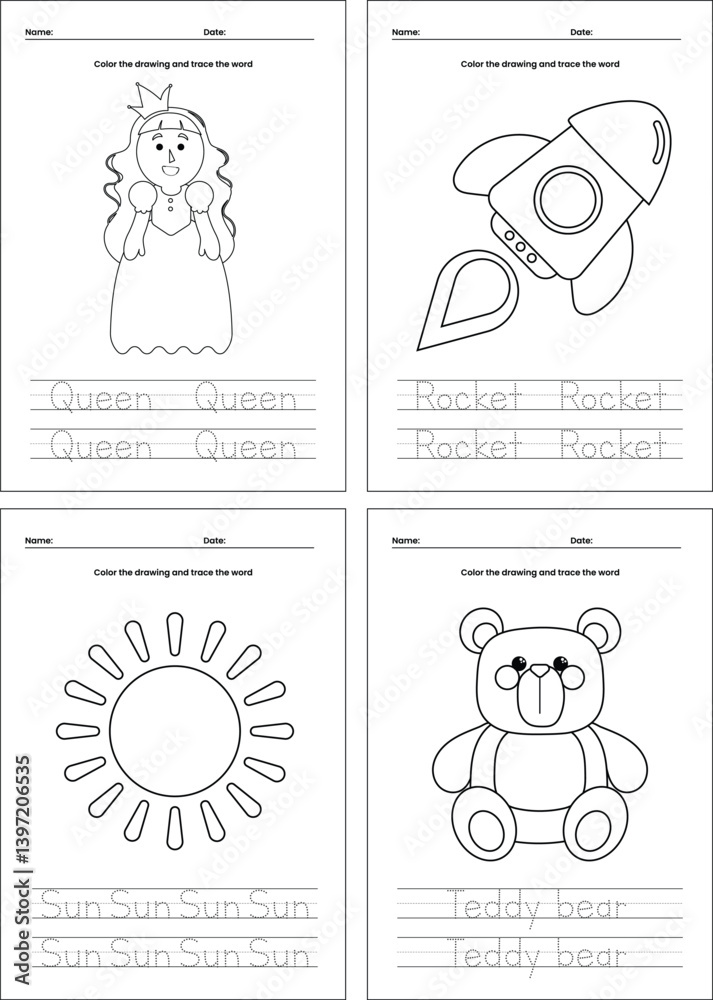 Printable worksheet for kids to color objects and trace their names ...