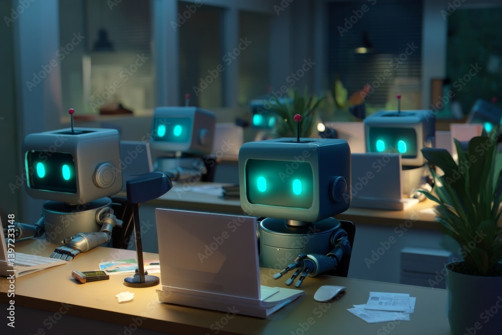 An office filled with cute robot employees working on their desks ...