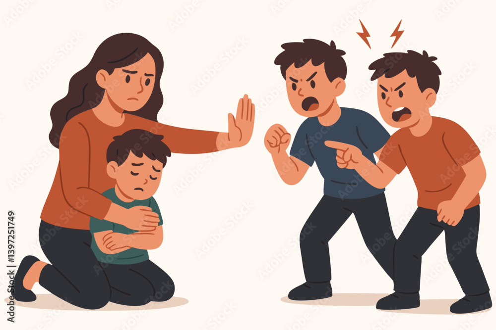 Anti-Bullying Concept Vector Illustration with Mother Protecting Child ...