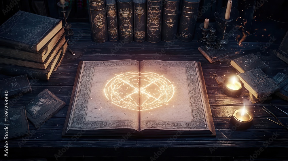 Grand wizard s desk covered in glowing magical sigils, ancient maps ...