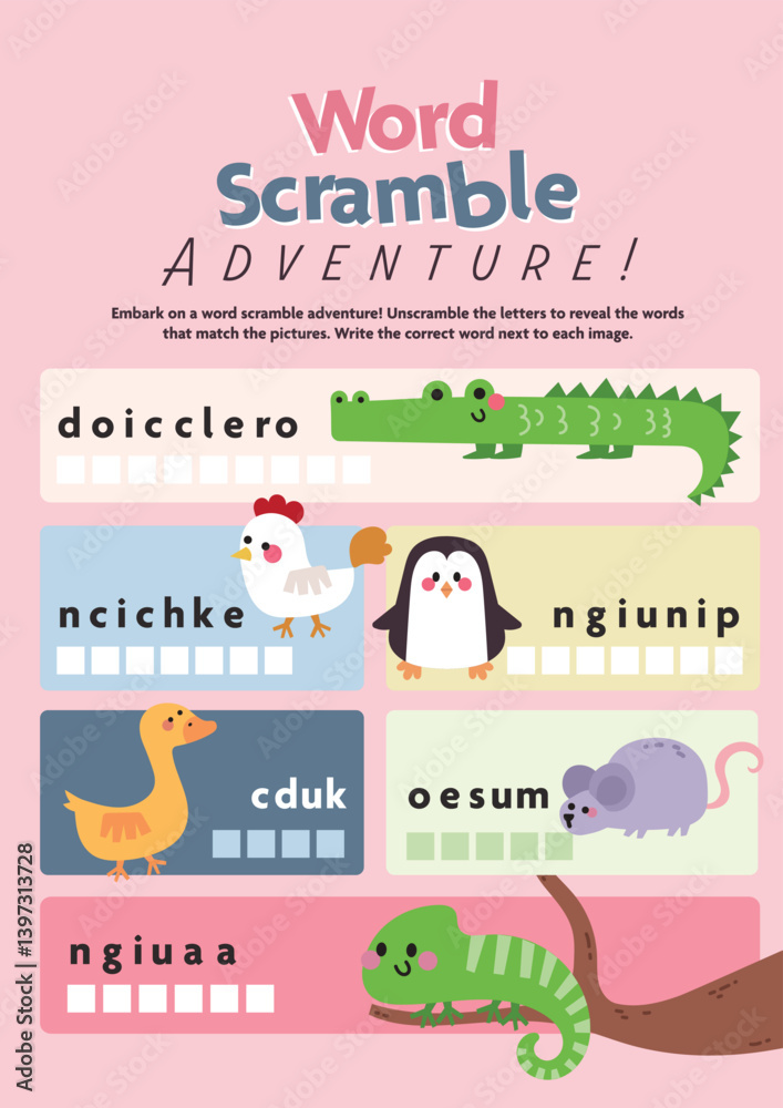 Printable word scramble worksheet for kids to unscramble animal names ...