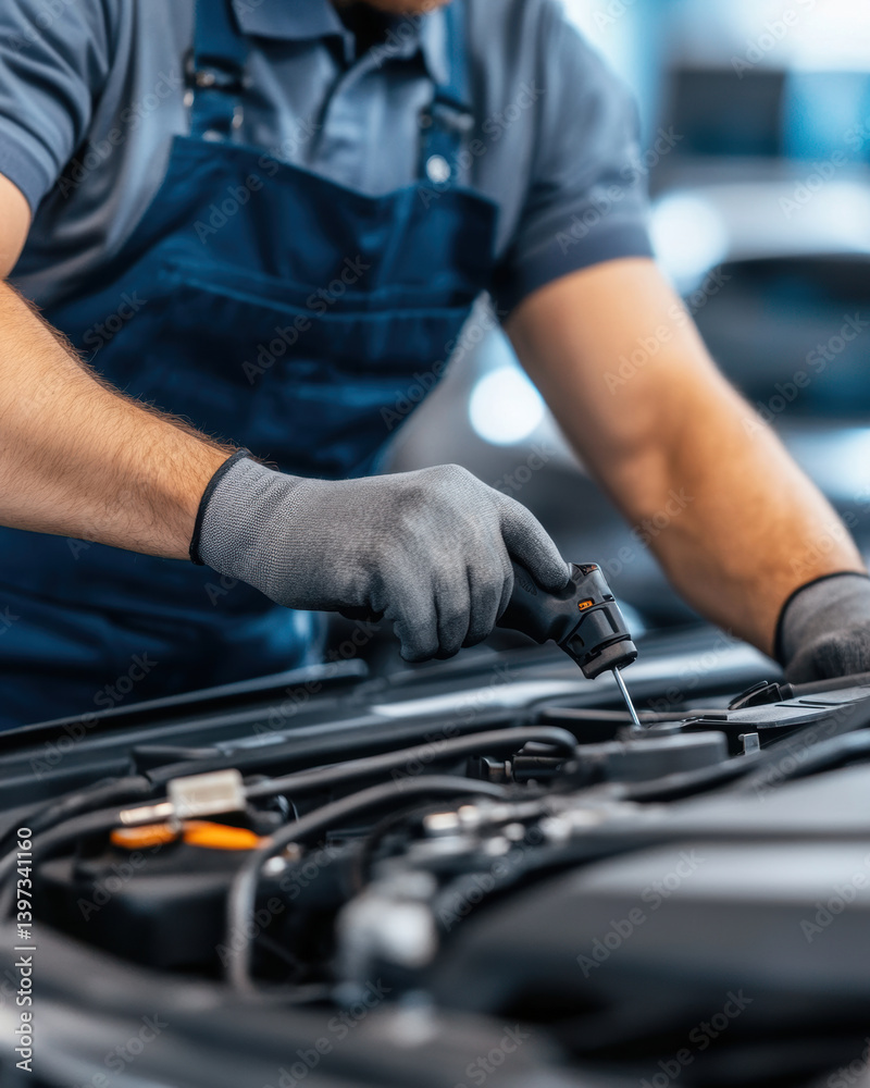 mechanic in blue overalls and gloves works on electric vehicle engine ...