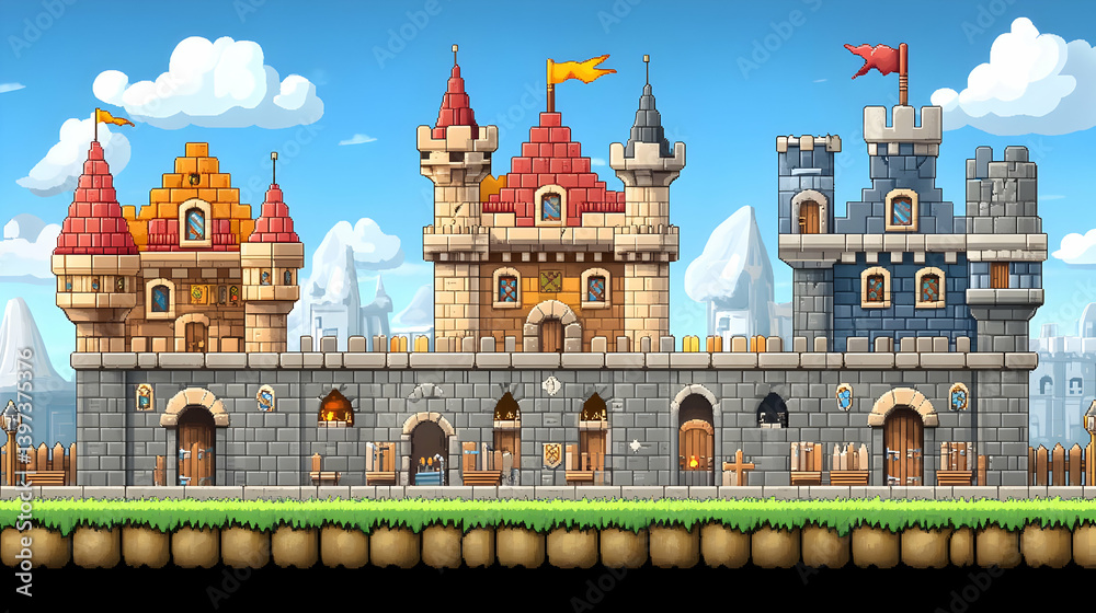 Pixel Art Castle With Multiple Towers Flags Stone Wall And Blue Sky ...