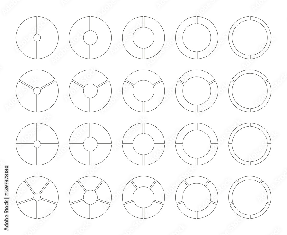 Circle division on 2, 3, 4, 5 equal parts. Wheel round divided black ...