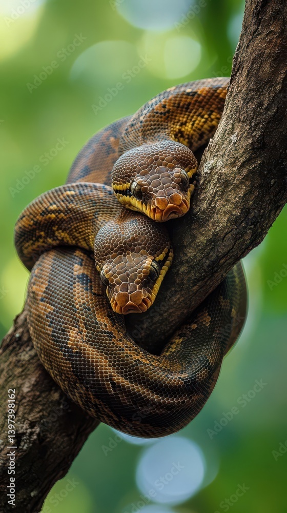 Two snakes coiled around a tree branch in a vibrant green setting Stock ...