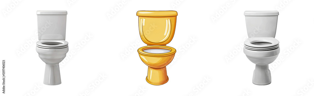 Three modern toilets in a row with middle gold toilet for design and ...