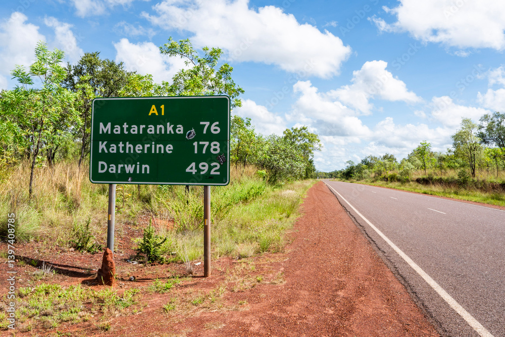 Road sign along the A1 Stuart Highway towards Darwin, NT in the ...
