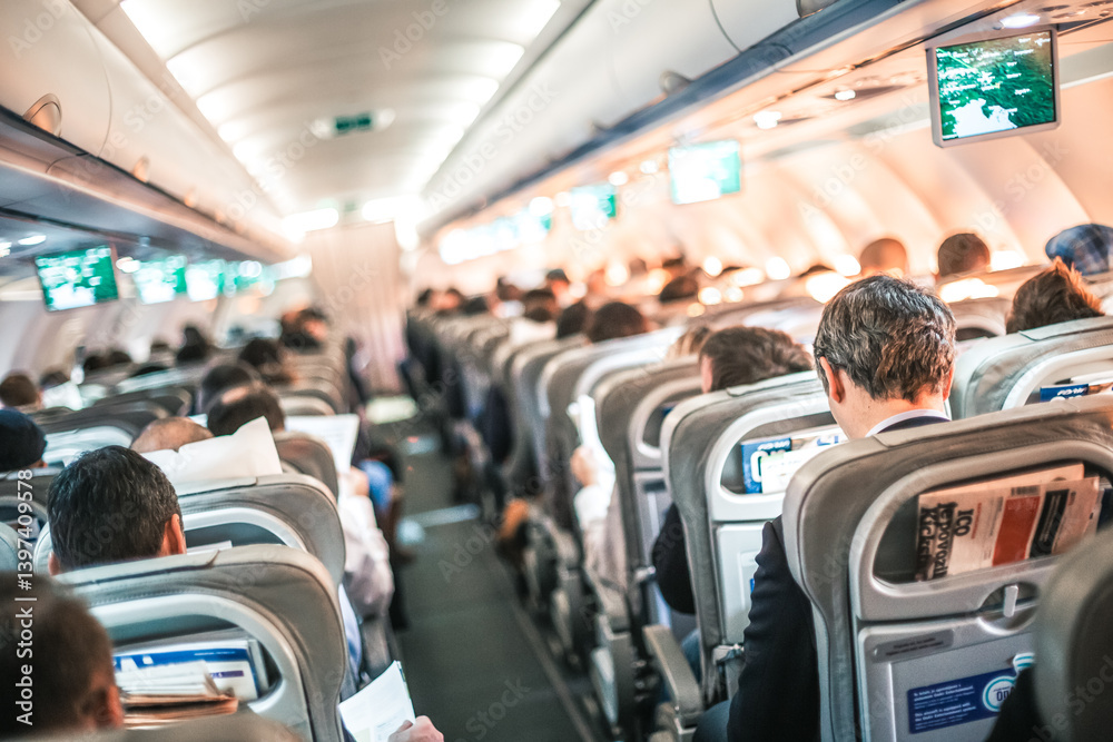 Interior of airplane with passengers on seats and stewardess in uniform ...