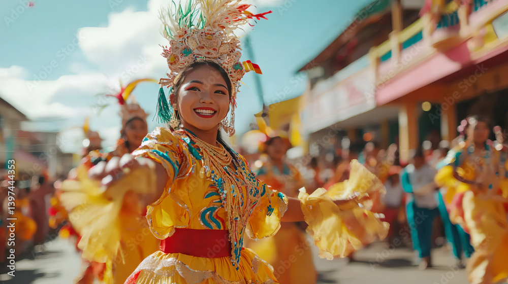 Sinulog Festival, a colorful parade with participants dressed in bright ...
