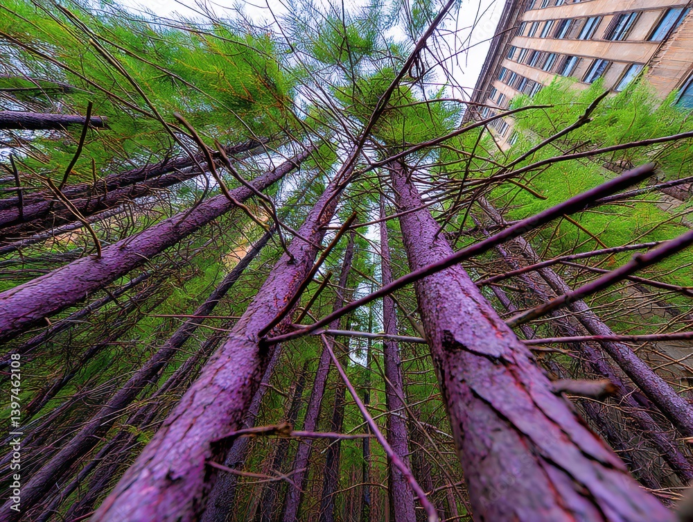 Vertical forest captured from below with strong perspective distortion ...