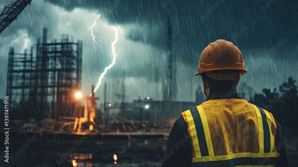 Construction worker safety in thunderstorm at construction site with ...
