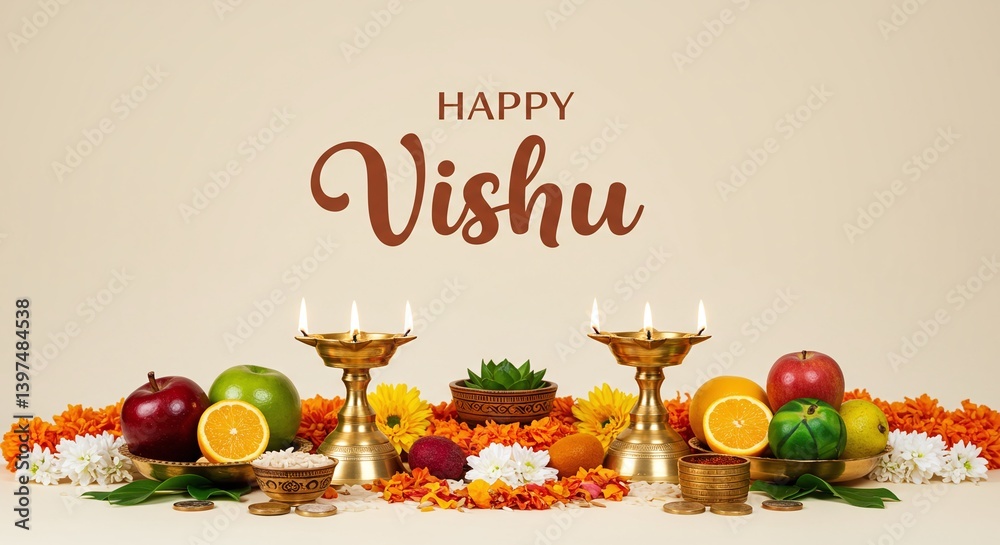 Vishu Kani Arrangement with Traditional Items, Fruits, and Brass Lamps ...