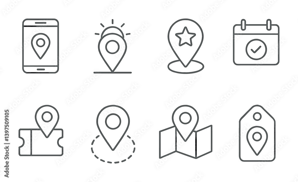 Linear location icon set: gps, map pins, checkpoints and more for navigation Stock Vector ...