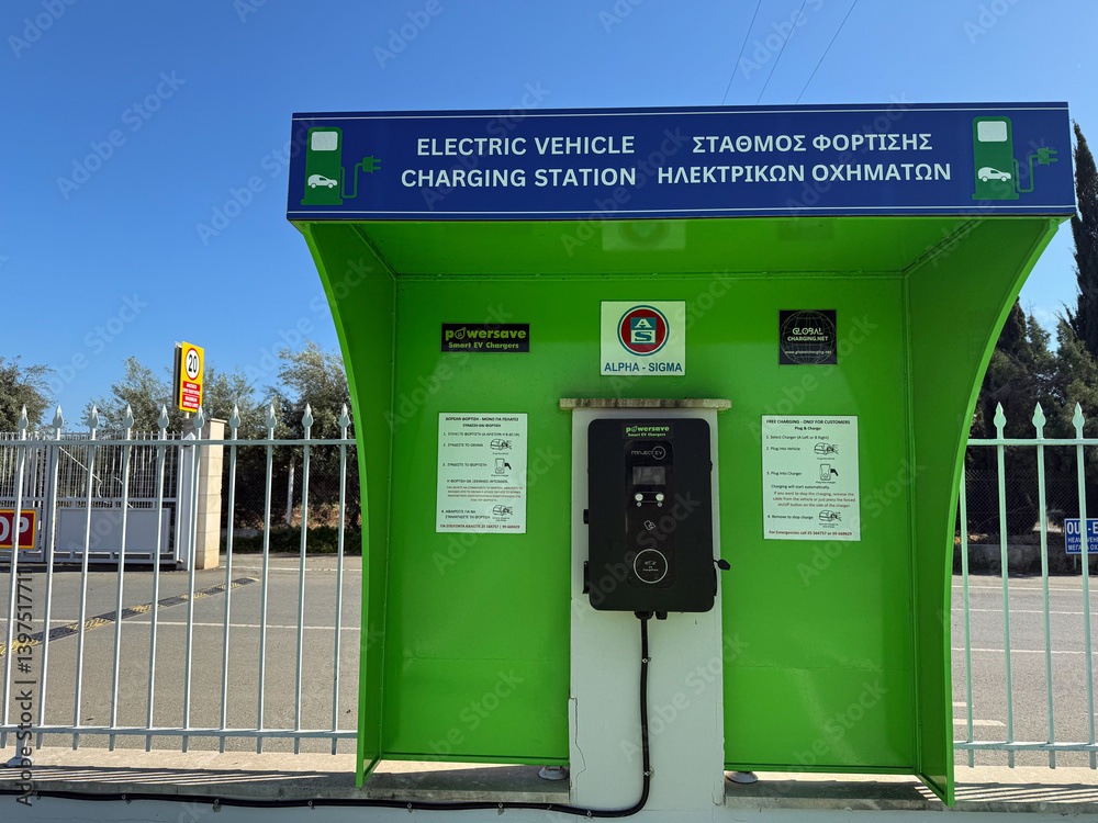 Modern electric vehicle charging station with bilingual signage ...