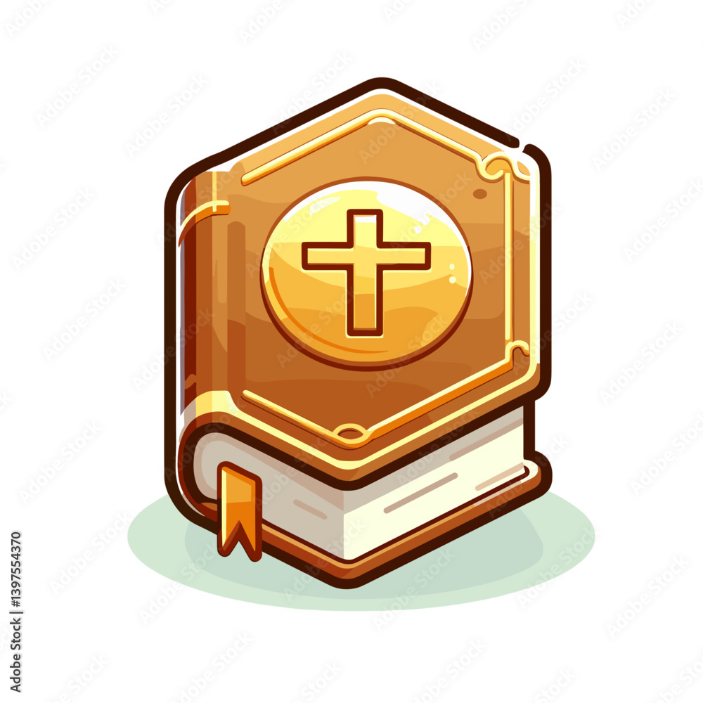 Golden Bible with cross symbol in cartoon religious style. Perfect for ...