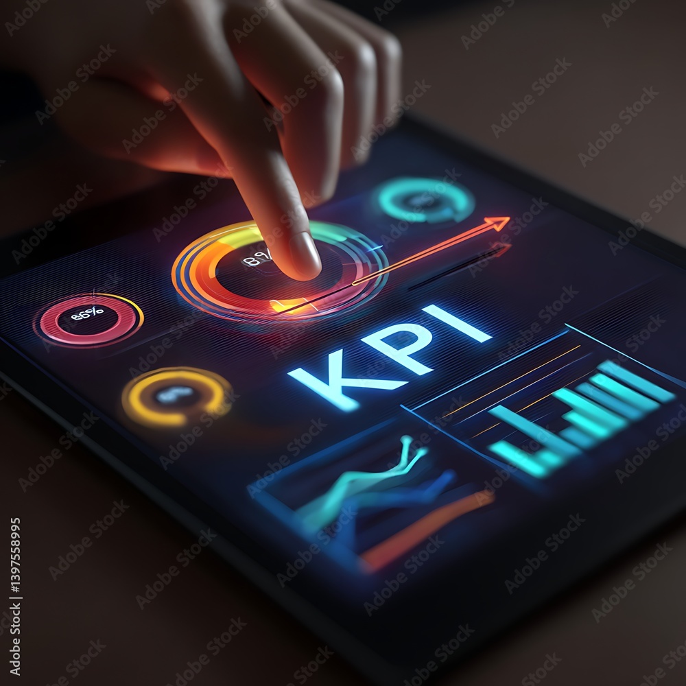 Digital Tablet Displaying Key Performance Indicators KPI and Data Analytics Charts for Business ...