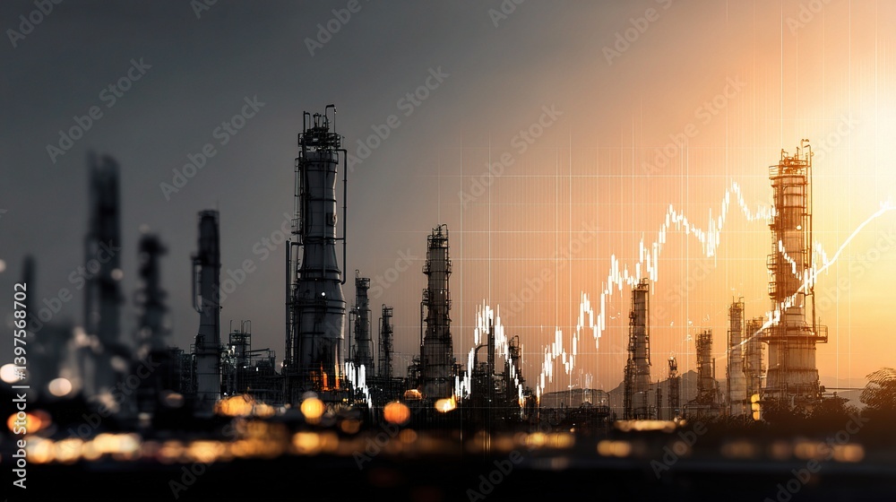 Double Exposure of Oil Refinery with Financial Chart Overlay Stock ...