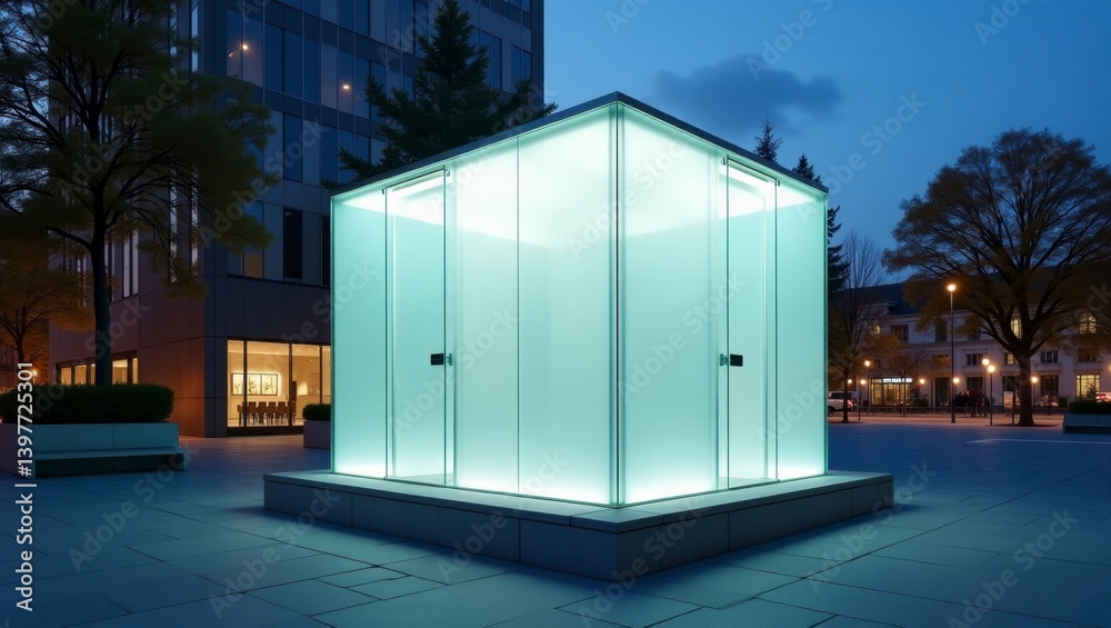 Modern architectural design of a public unisex restroom cube located in ...