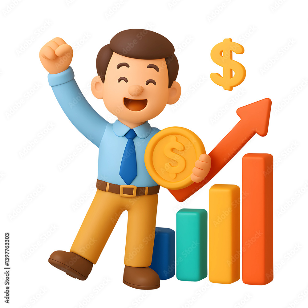 Person celebrating financial success with a graph and coin, showcasing ...