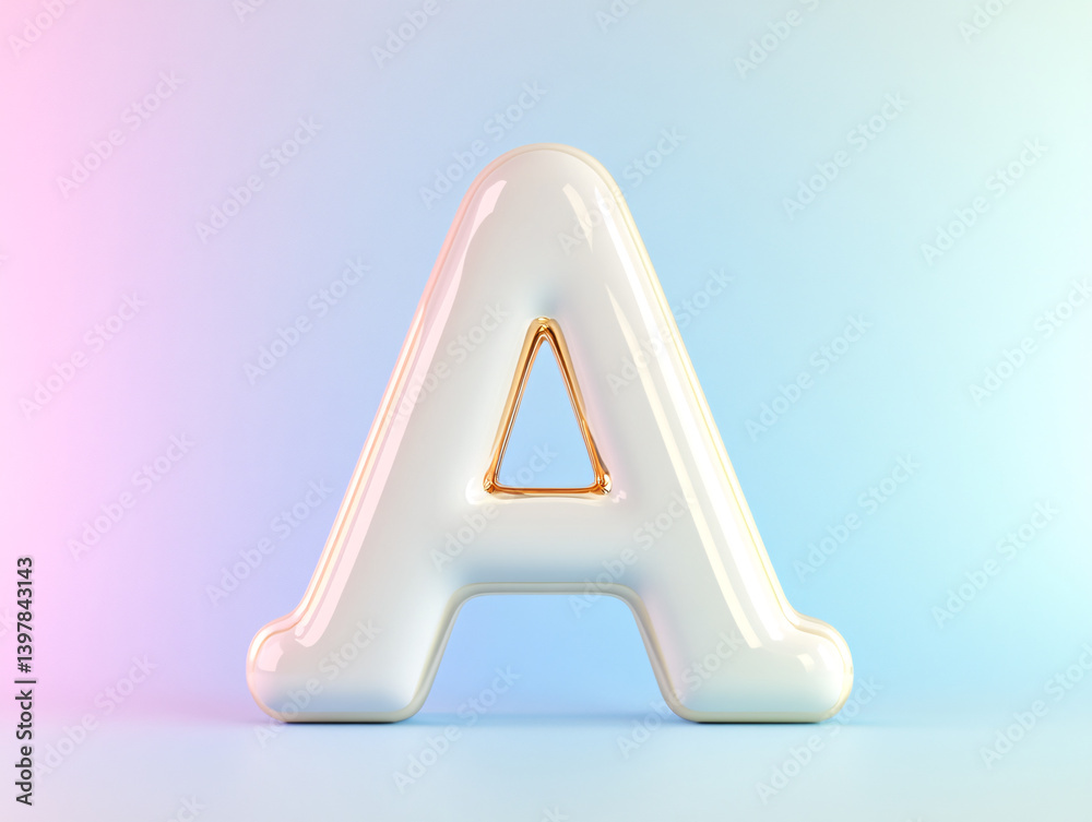 The image shows a large, glossy letter "A" in a pastel color scheme ...