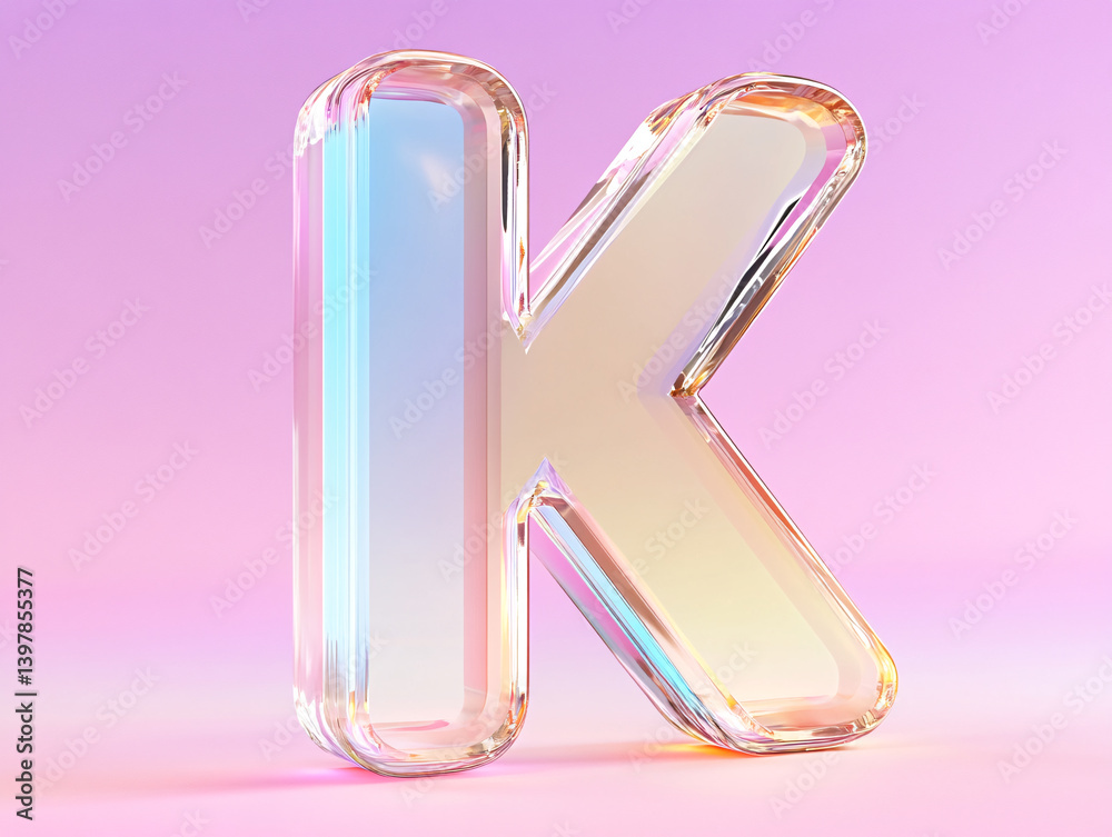 The image shows a large, glossy letter "K" in a pastel color scheme ...