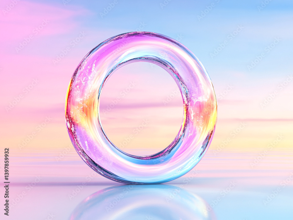The image shows a large, glossy letter "O" in a pastel color scheme ...