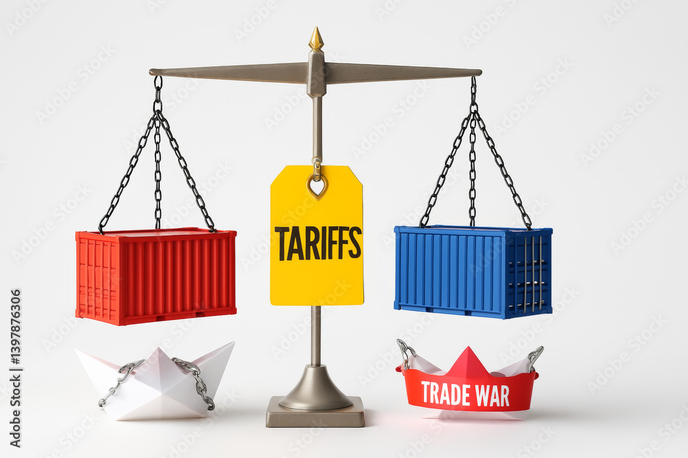 scale with red and blue containers labeled tariffs symbolizes trade ...