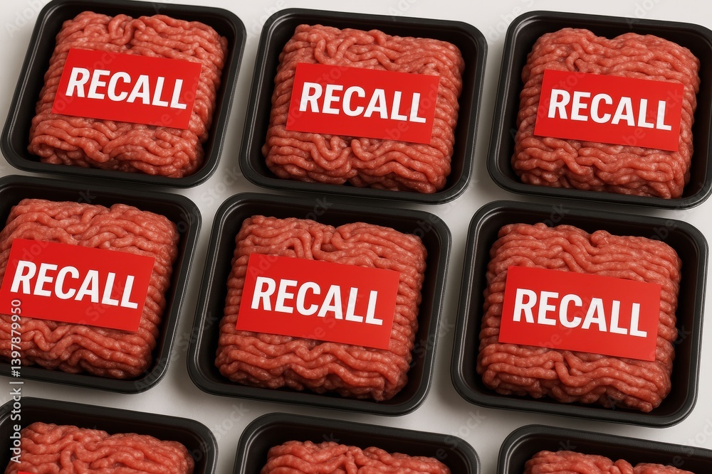 Food safety concept highlighting multiple packages of ground meat ...