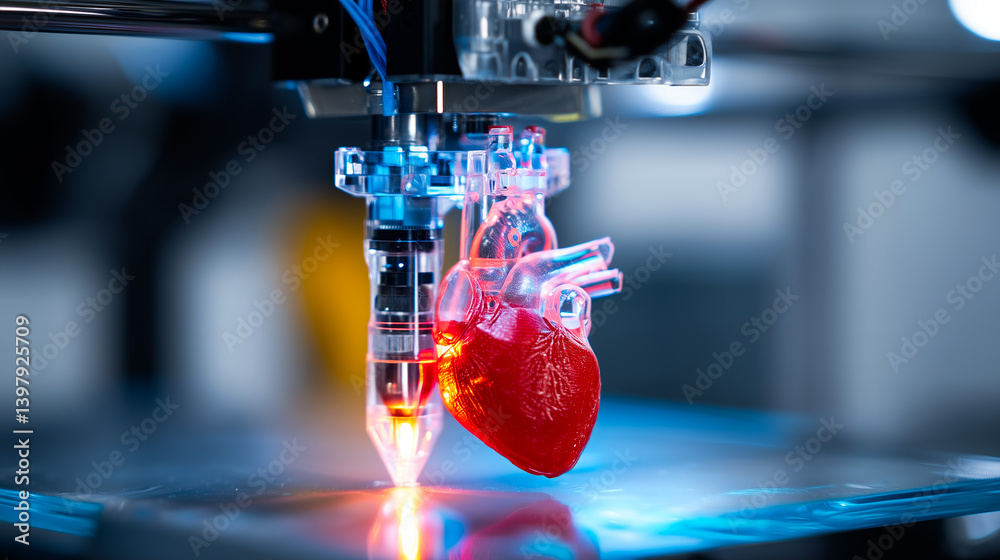 3D printer nozzle meticulously crafting a realistic human heart model ...