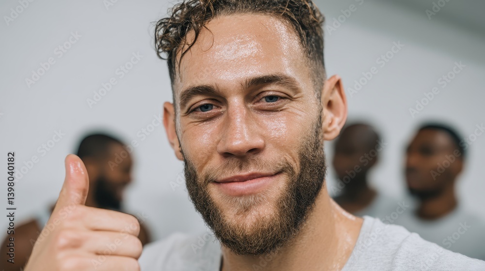 A young man, sweaty and exhausted but happy, gives a thumbs-up and ...