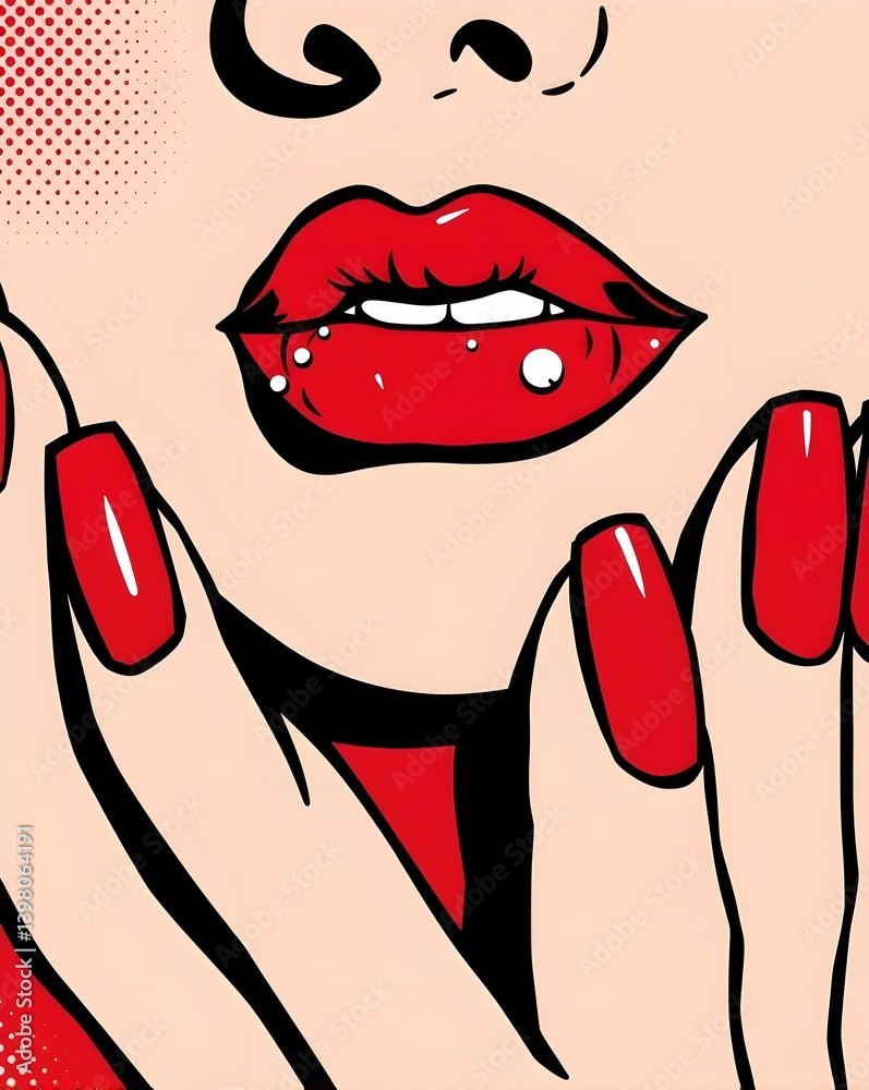Pop art lips and nails in bold red with comic style. Retro halftone ...