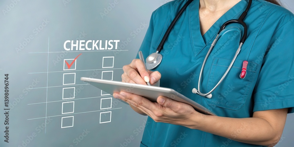 Nurse using digital checklist on tablet for patient care and medical ...