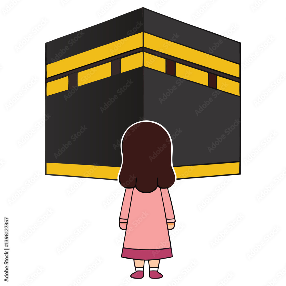 Vector de Stock Cartoon Muslim Girl Facing Kaaba with Transparent ...