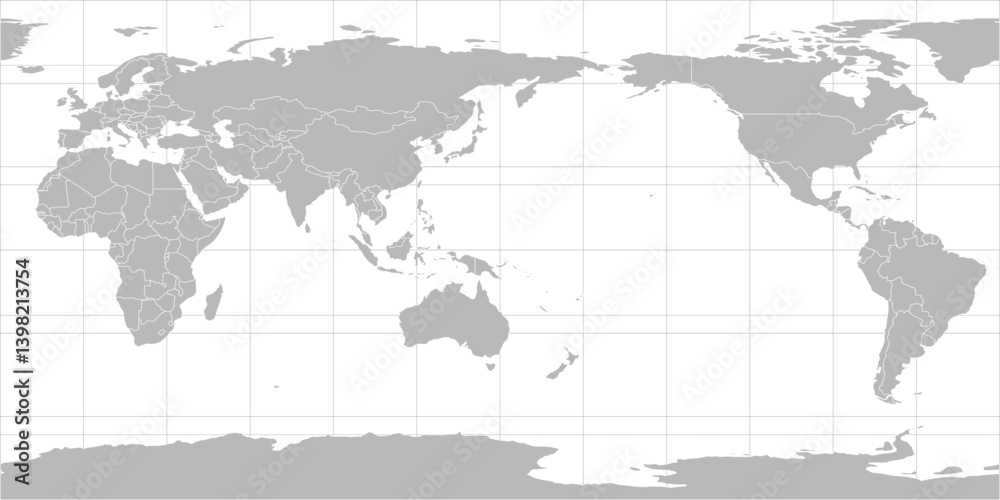 World vector map with country boundaries and graticules in Asia-Pacific ...