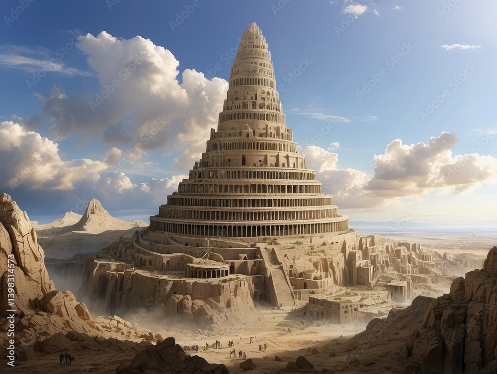 Ancient Tower of Babel: Mesopotamian Ziggurat in Desert Landscape Stock ...