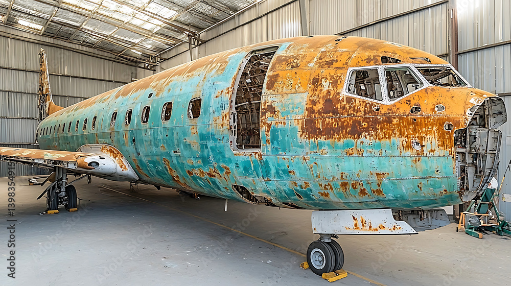 Abandoned decaying airplane in a hangar showing extensive rust and ...