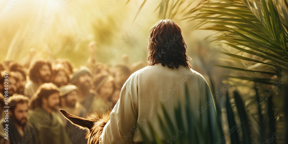 Jesus on Palm Sunday, Triumphal Entry into Jerusalem, on a donkey ...