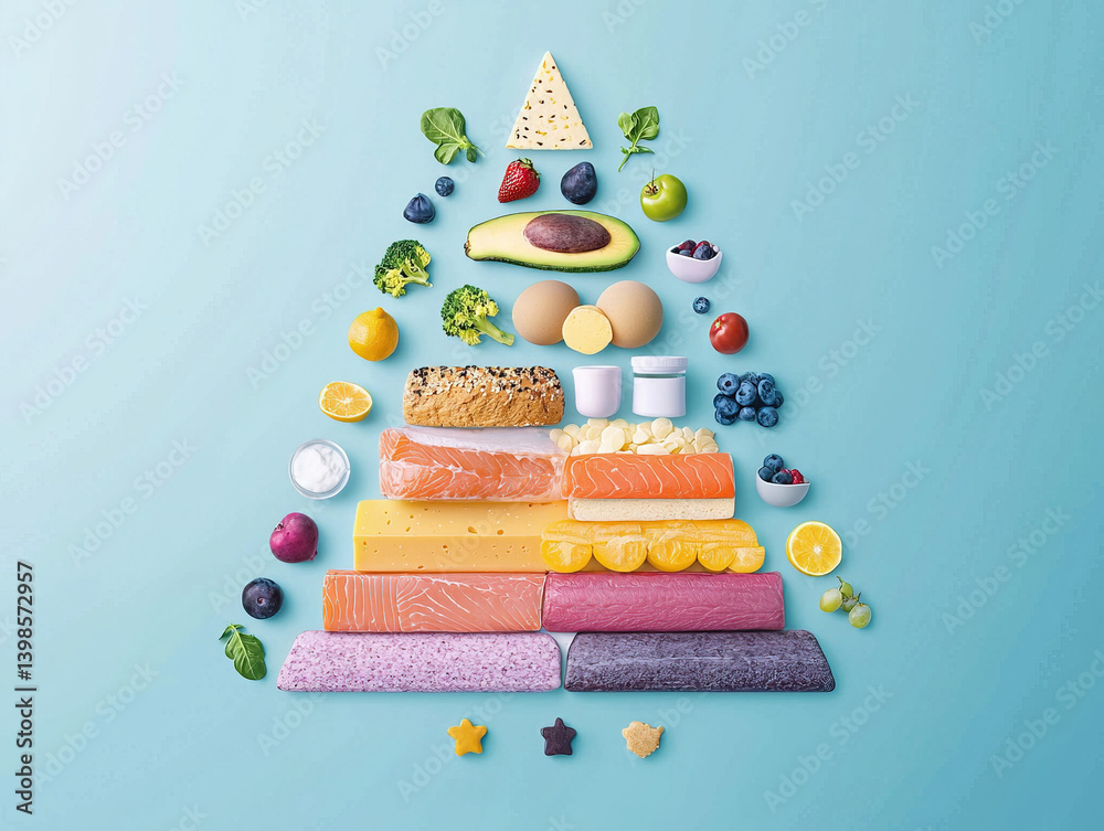An educational illustration detailing the five food groups and their ...