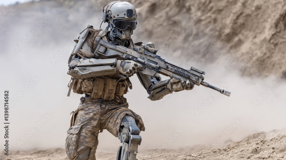 Clad in digital camouflage, the futuristic cyborg soldier moves with ...