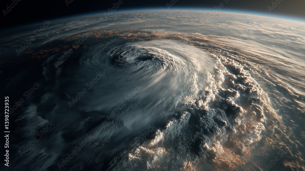 Aerial satellite view of a powerful swirling hurricane over the ocean ...