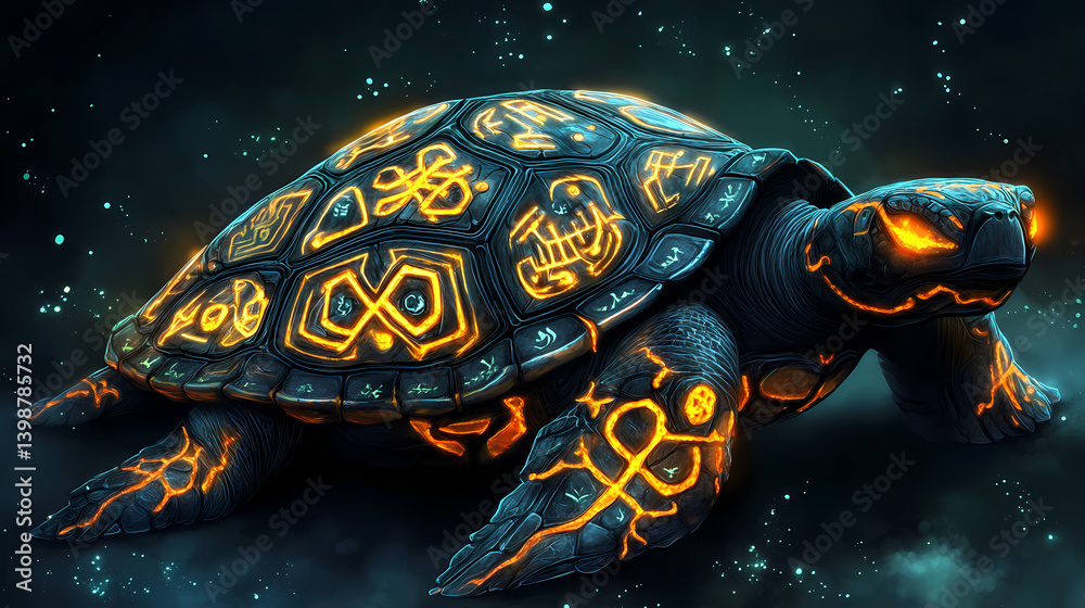 Ancient glowing turtle with magical runes on its shell. fantasy ...