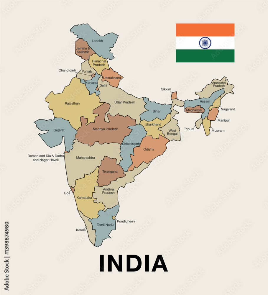 India map. Vector India map with flag isolated on beige background ...