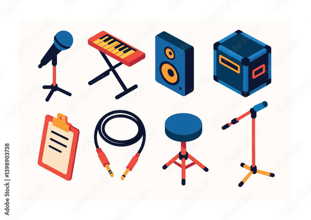 Isometric flat vector set of icons of musical performance gear: stage ...