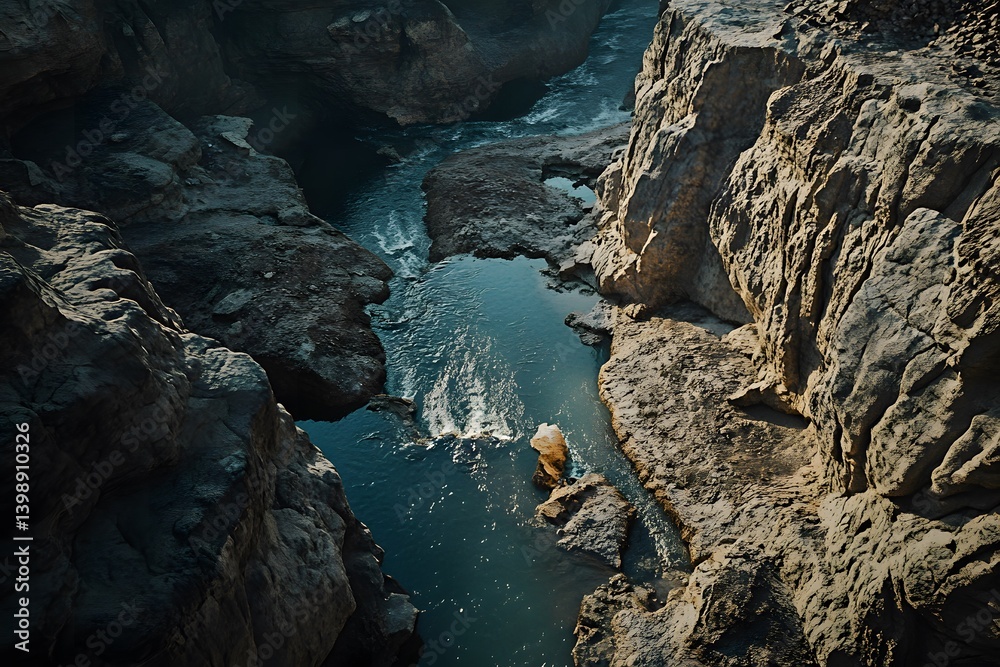 Aerial view of a river flowing between rocky cliffs with visible water ...