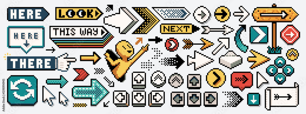 Pixel art arrows. Retro 8-bit arrow pointers, cursor pointer icons, direction signs, pointing ...