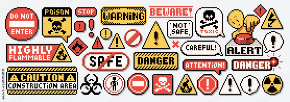 Pixel art warning signs. Pixelated caution labels, danger symbols and ...